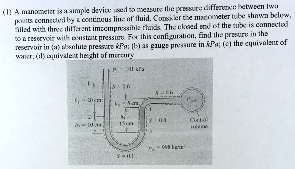 SOLVED: A manometer is a simple device used to measure the pressure ...