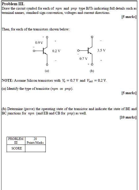 SOLVED: Problem III: Draw the circuit symbol for each npn and pnp type BJTs, indicating full ...