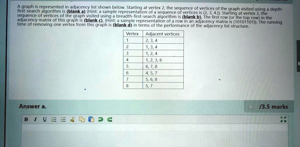 Solved Please Provide The Answer Will Give A Thumbs Up A Graph Is Represented In An Adjacency 