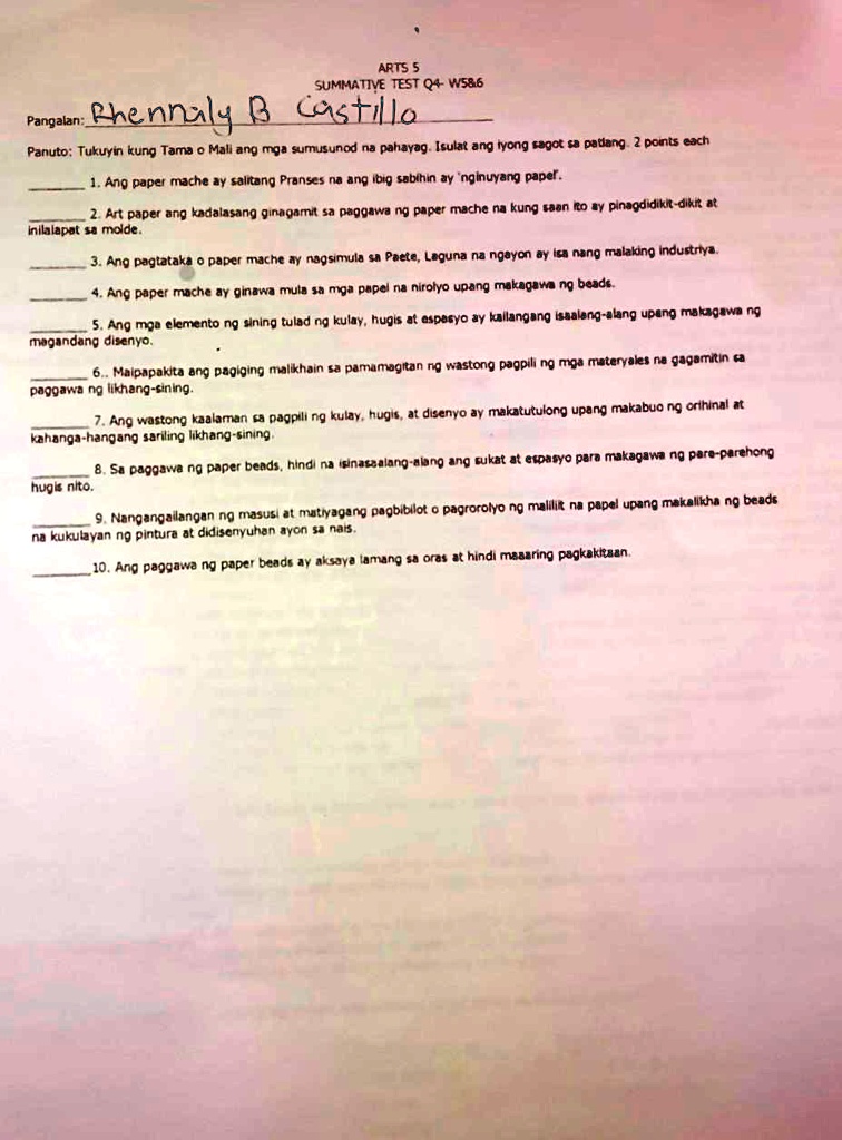 SOLVED: hi pls helpPanuto B: Tukuyin kung Tama o Mali ang mga sumusunod ...