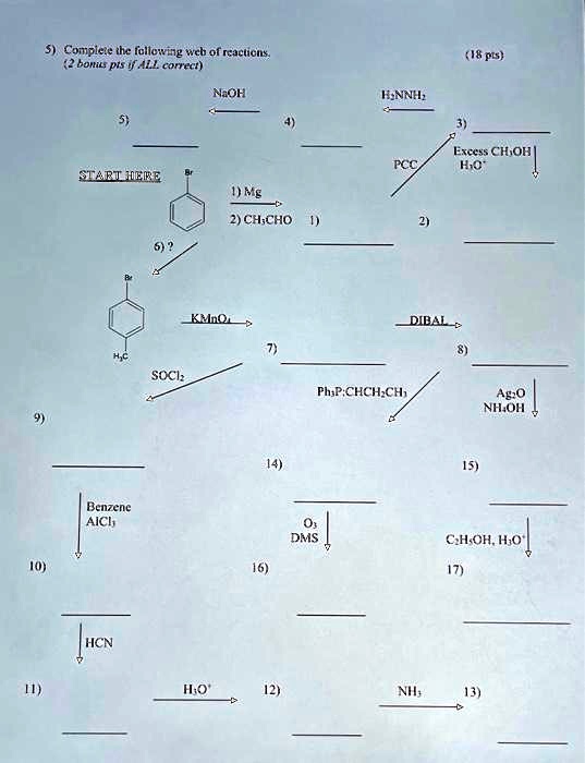 SOLVED: 5) NaOH 4) HNNH 3) Excess CH3OH 2) H2O 1) Mg 2CH3CHO 6) PCO 7 ...