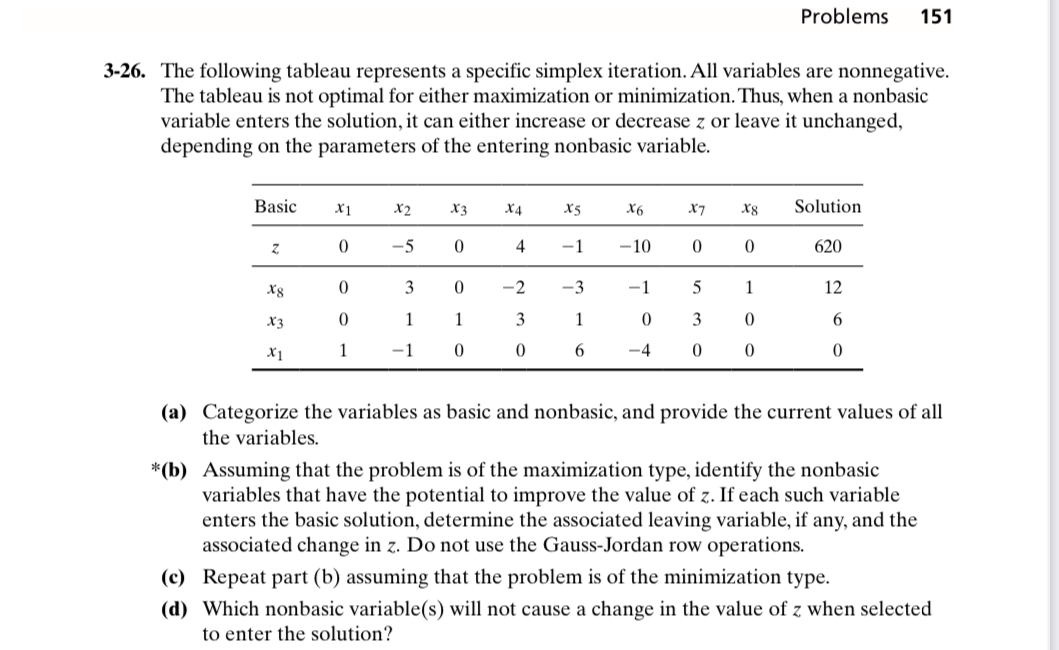 problems 151 3 26 the following tableau represents a specific simplex iteration all variables ...