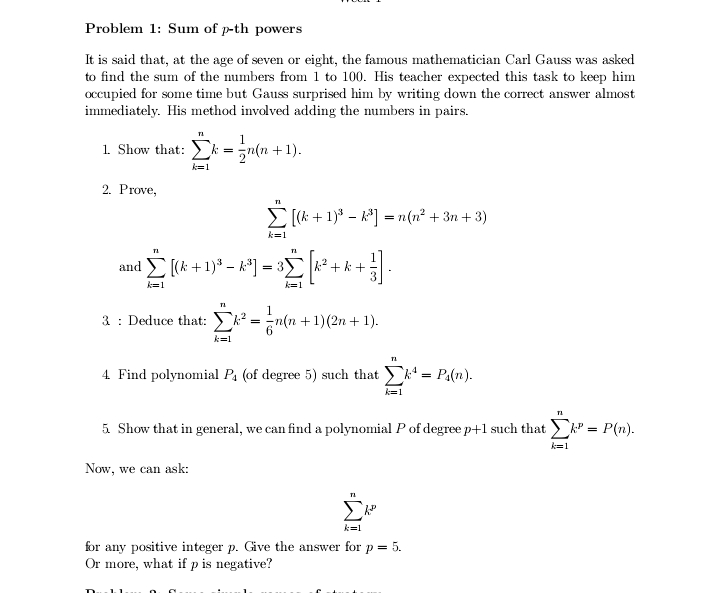 Problem 1: Sum of p-th powers It is said that, at the age of seven or ...