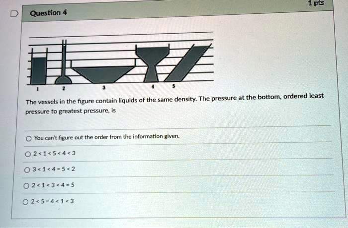 SOLVED: pts Question 4 The vessels in the figure contain liquids of the same density The ...