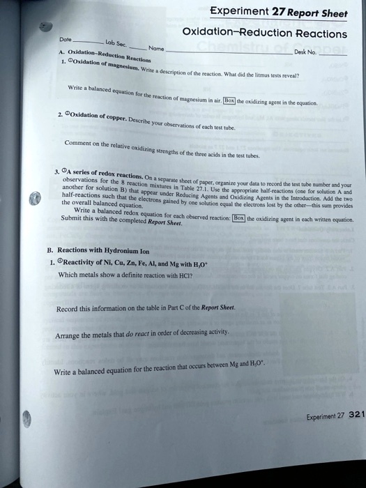 experiment 27 report sheet oxidation reduction reactions det no lab t ...