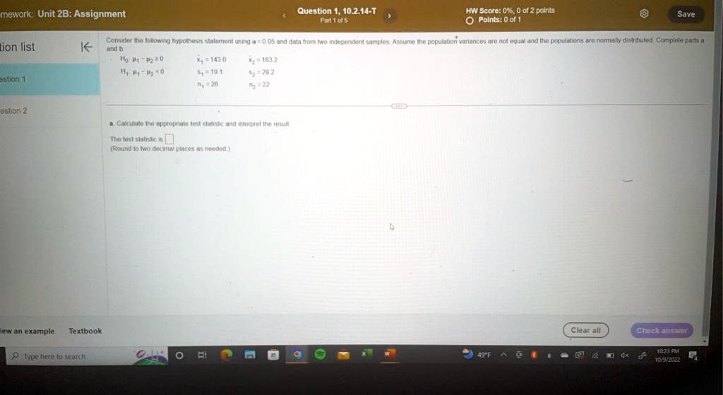 SOLVED: a. Calculate the appropriate test statistic and interpret the ...