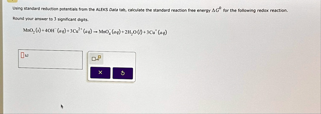 using standard reduction potentials from the aleks data tab calculate the standard reaction free ...
