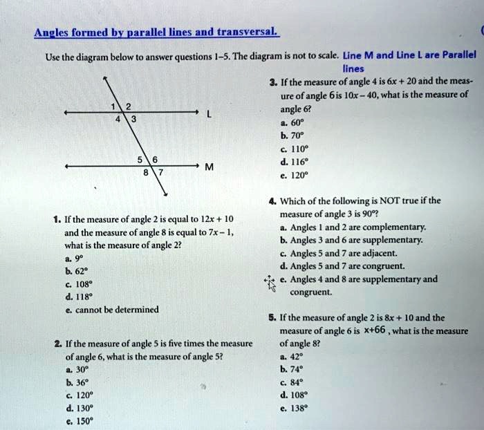 SOLVED: Angles formed by parallel lines and a transversal. Use the diagram below to answer ...