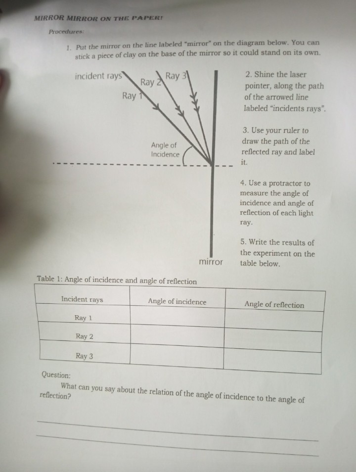 MIRROR MIRROR ON THE PAPER: Procedures: 1. Put the mirror on the line ...