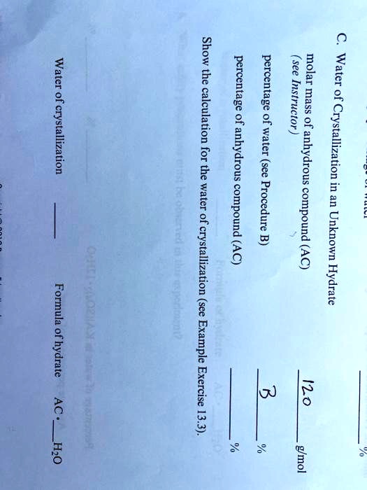 Show the calculation of the molar water of crystallization for the ...