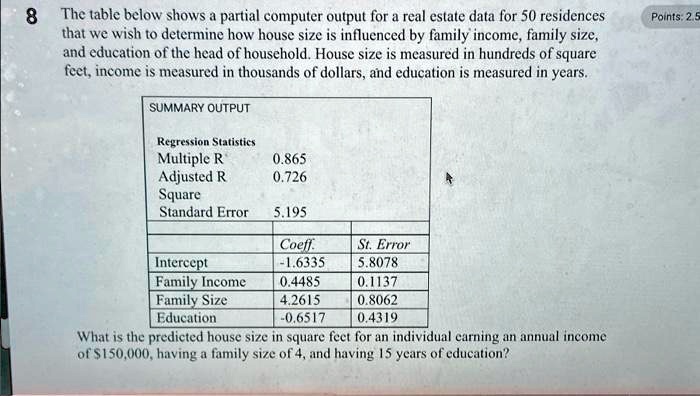 SOLVED: 8 The table below shows a partial computer output for a real ...