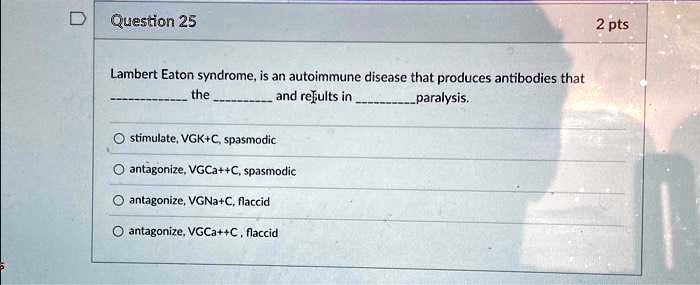 SOLVED: Lambert Eaton syndrome is an autoimmune disease that produces ...