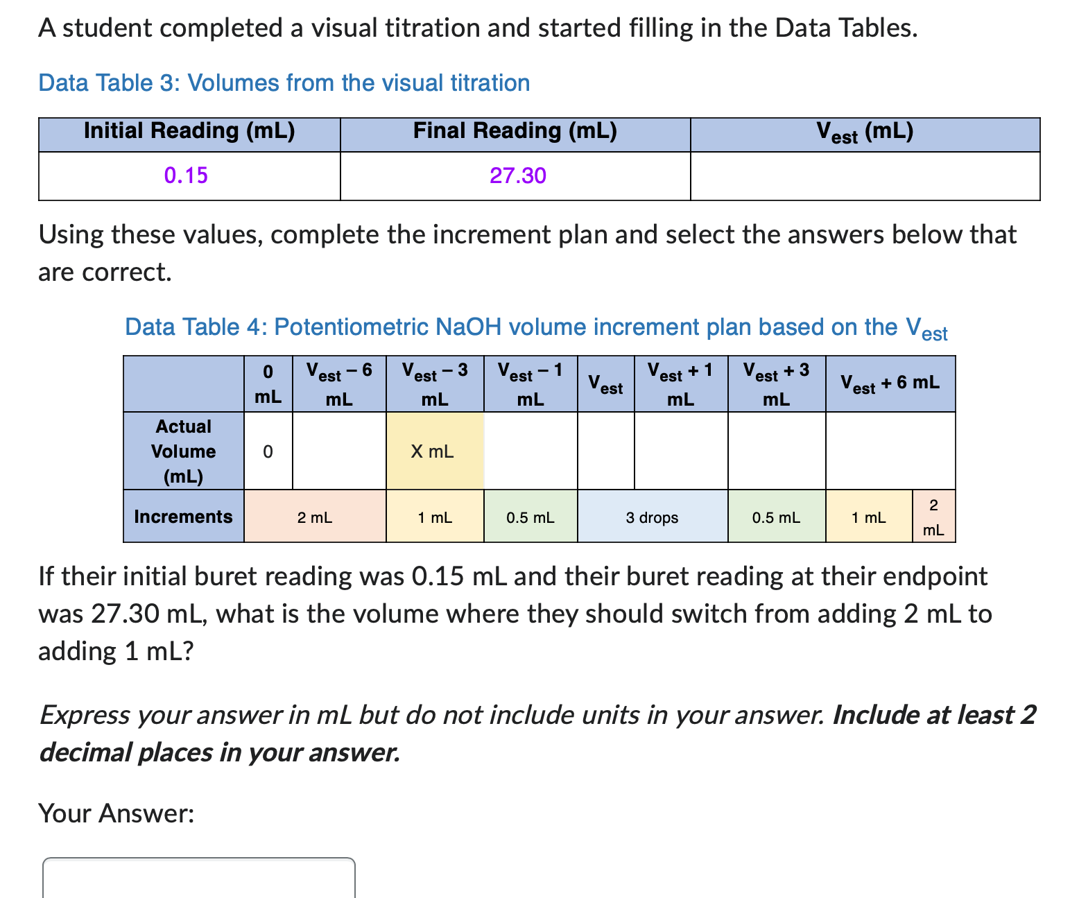 A student completed a visual titration and started filling in the Data Tables. Data Table 3 ...