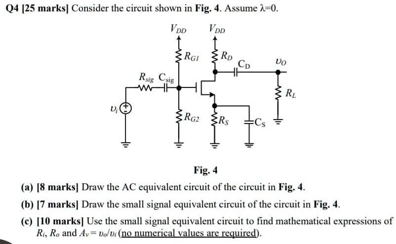 Q4 [25 marks] Consider the circuit shown in Fig. 4. Assume λ=0. VDD VDD RG1 RD CD Rsig Csig RL ...