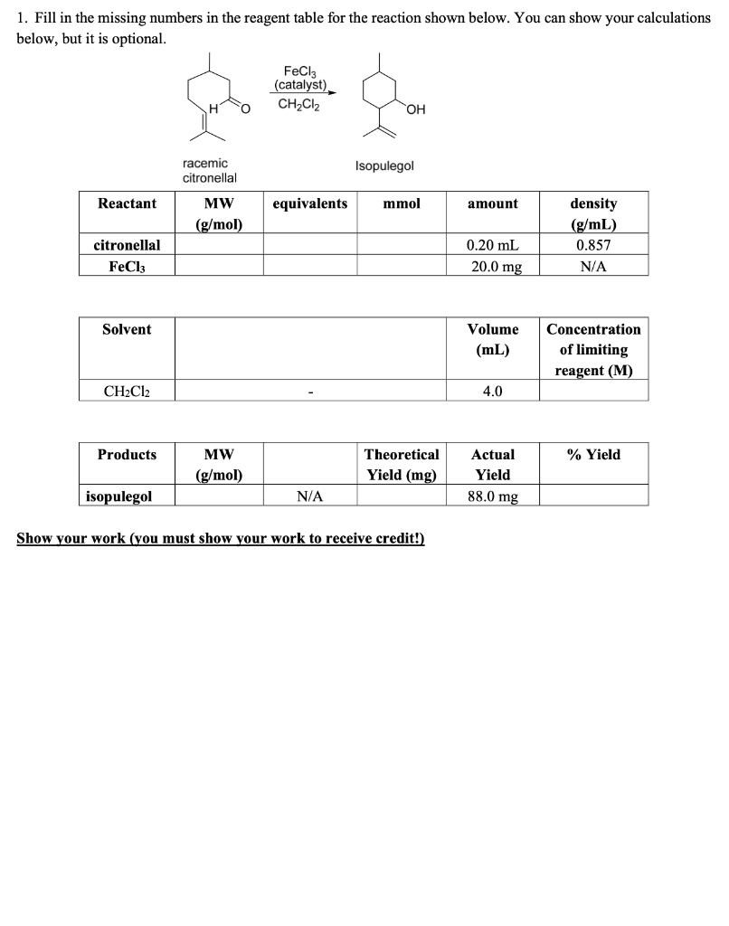 Fill in the missing numbers in the reagent table for the reaction shown ...