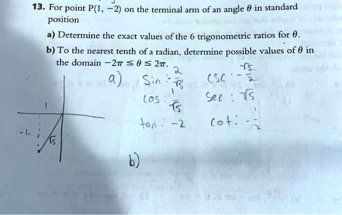 SOLVED: 13. For point P(1, 2) on the terminal arm of an angle 0 in standard position a ...