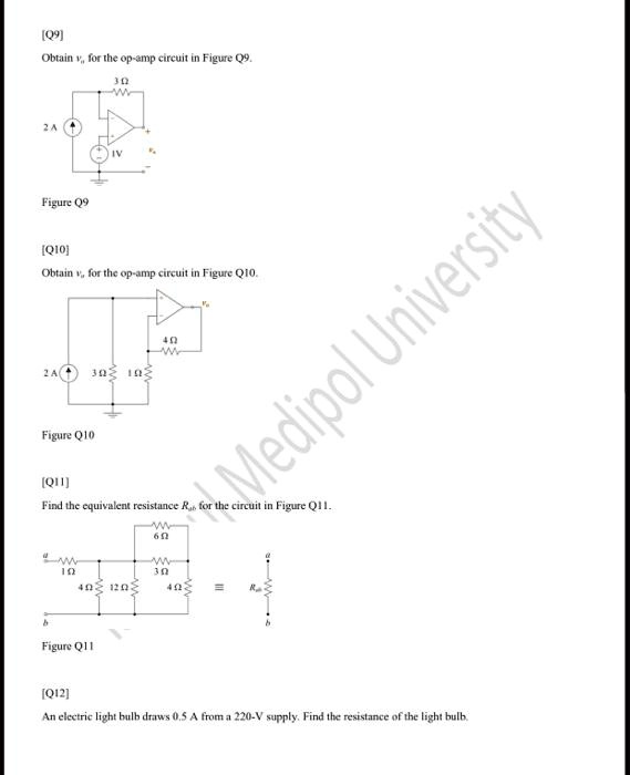 SOLVED: Obtain v for the op-amp circuit in Figure Q9. Figure Q9: [Q10] Obtain v for the op-amp ...