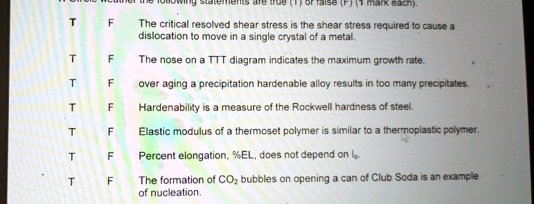 SOLVED: Circle True or False The critical resolved shear stress is the ...