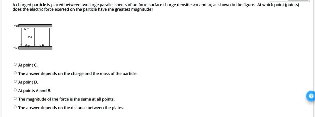 SOLVED: A charged particle is placed between two large parallel sheets of uniform surface charge ...