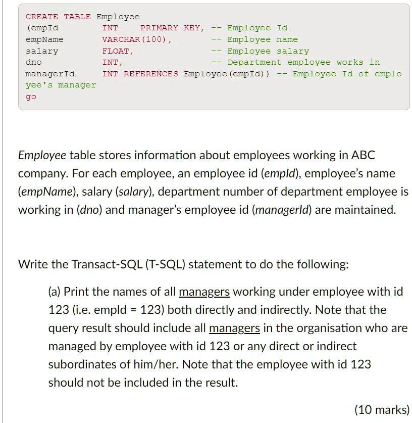 Solved Create Table Employee Empid Int Primary Key Empname Varchar100 Salary Float Dno 1918