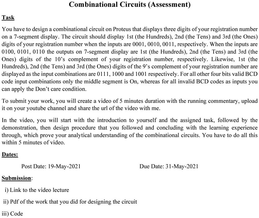 combinational circuits assessment task you have to design a combinational circuit on proteus ...