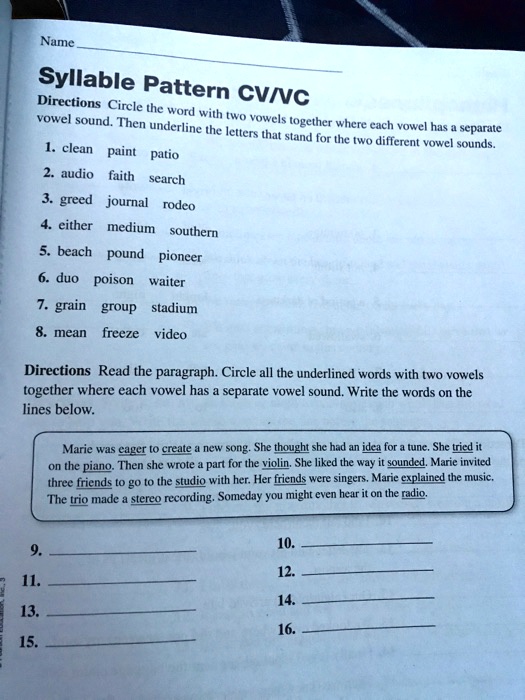 SOLVED: Name Syllable Pattern CVNC Directions Circle the vowel sound ...