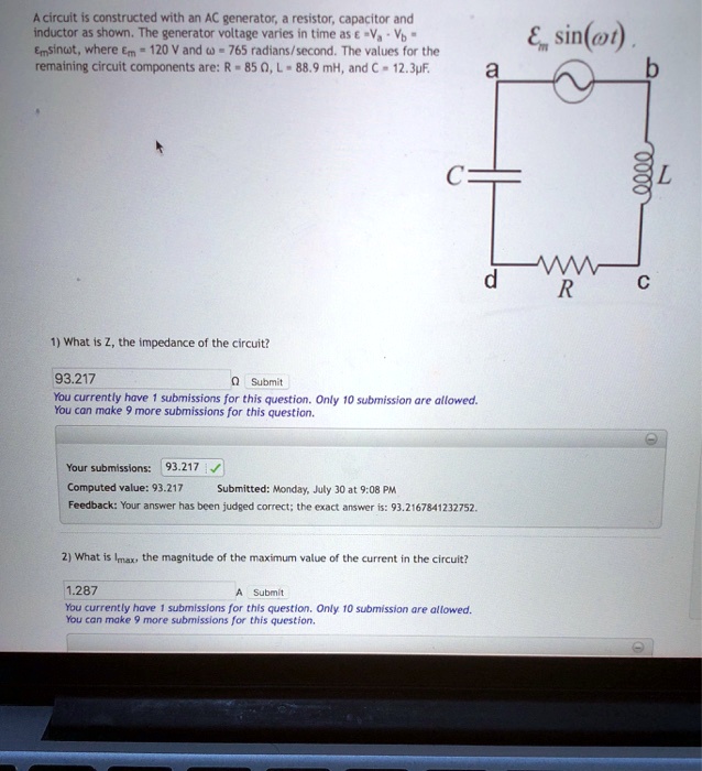 SOLVED:circuit constructed with an AC generator resistor; capacitor and inductor as shown_ The ...