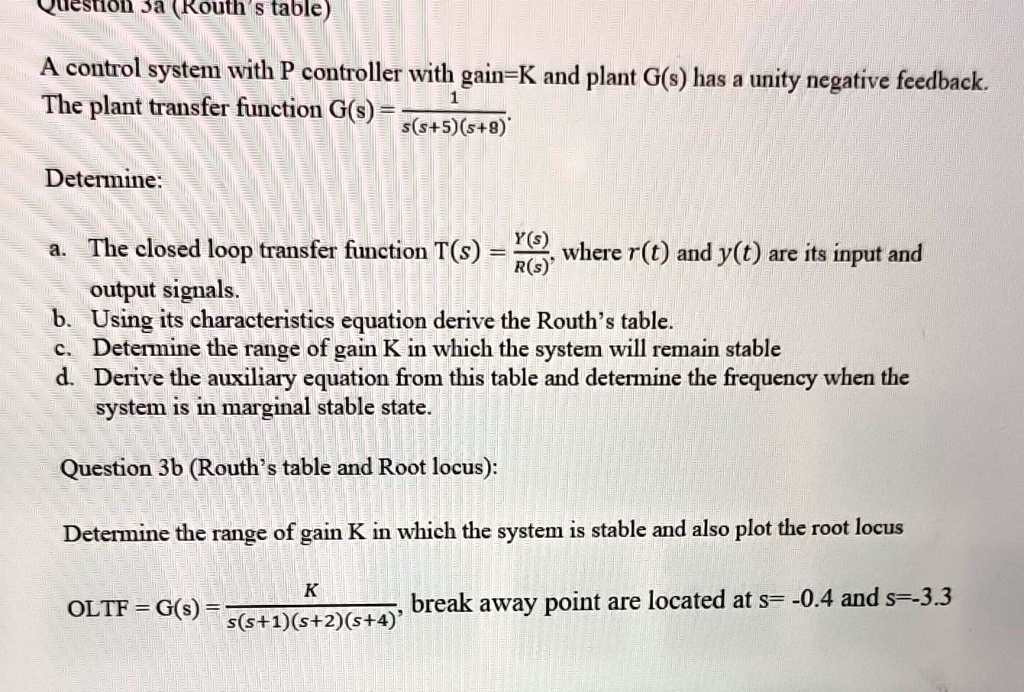 SOLVED: A control system with P controller with gain=K and plant G(s has a unity negative ...