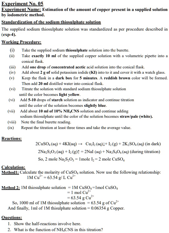 Experiment No. 05 Experiment Name: Estimation of the amount of copper ...