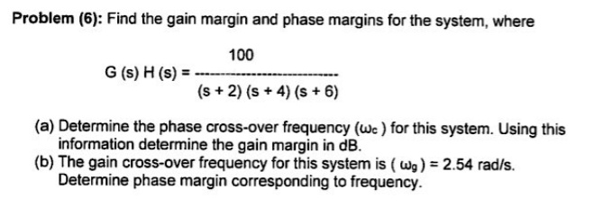 SOLVED: Problem (6): Find the gain margin and phase margins for the system, where 100 G(s)H(s ...