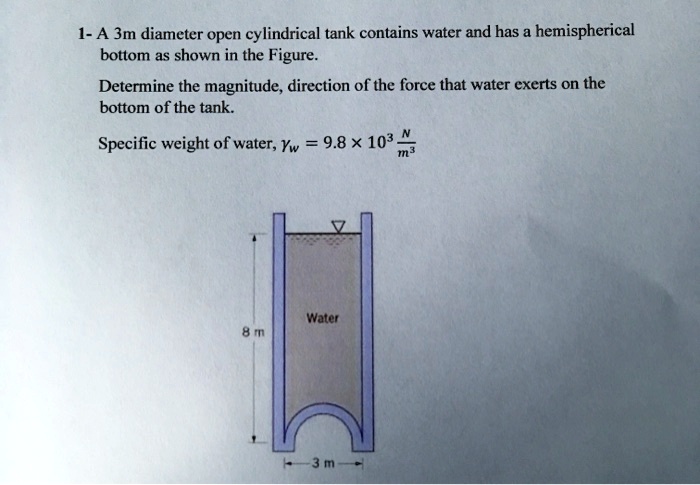 1- A 3m diameter open cylindrical tank contains water and has a hemispherical bottom as shown in ...