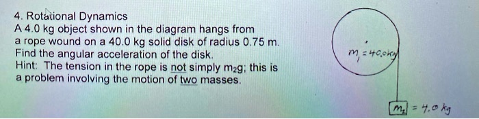 SOLVED: Rotational Dynamics: A 4.0 kg object shown in the diagram hangs from a rope wound on a ...