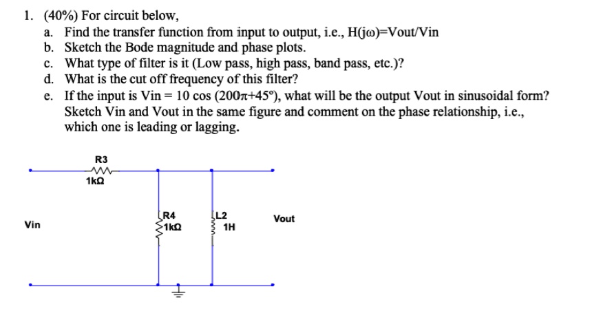SOLVED: (40%) For the circuit below, find the transfer function from input to output, i.e., H(jÏ ...