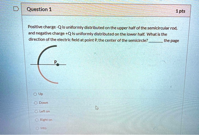 Question 1 1 pts Positive charge -Q is uniformly distributed on the upper half of the ...