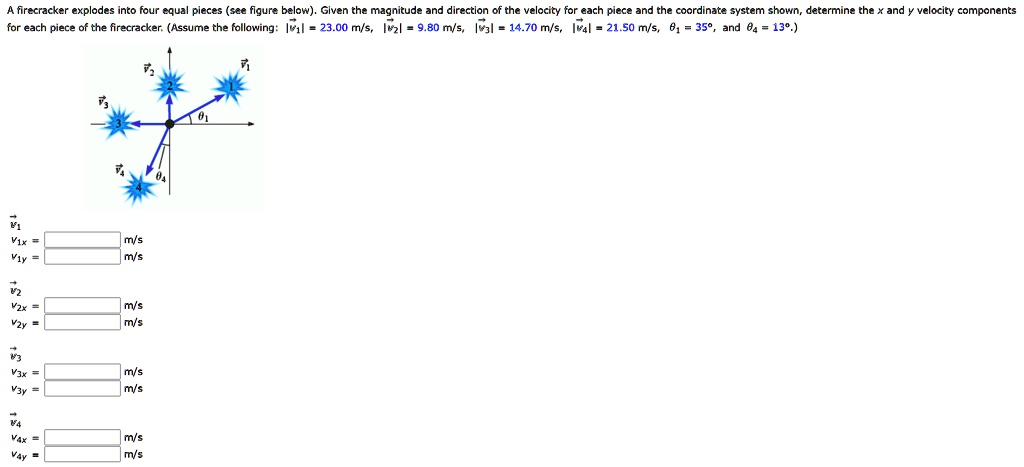 firecracker explodes into four qual pieces see flgure below given the magnitude and direction ...