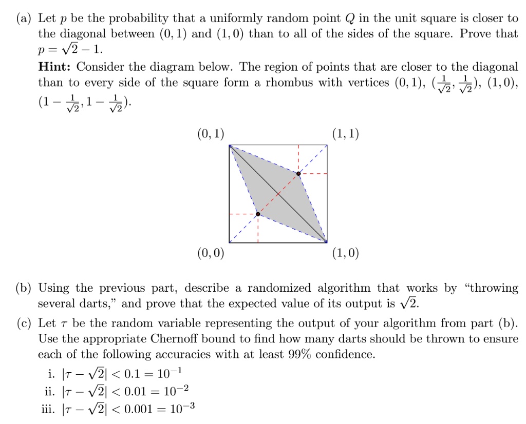 let p be the probability that uniformly random point in the unit square is closer to the ...