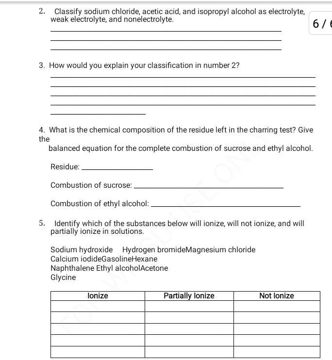SOLVED: Classify sodium chloride, acetic acid, and isopropyl alcohol as ...