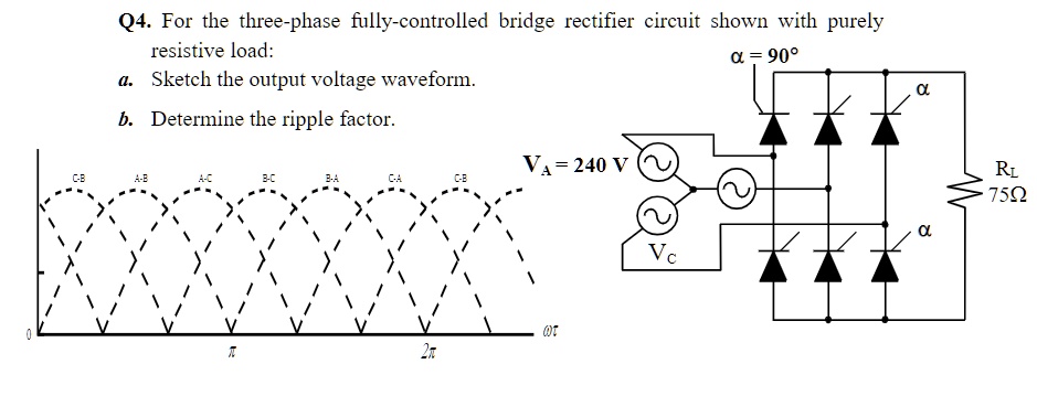Q4. For the three-phase fully-controlled bridge rectifier circuit shown with purely resistive ...