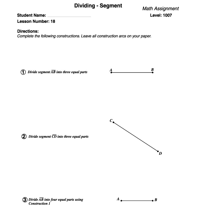 Dividing - Segment Math Assignment Level: 1007 Student Name: Lesson Number: 18 Directions ...
