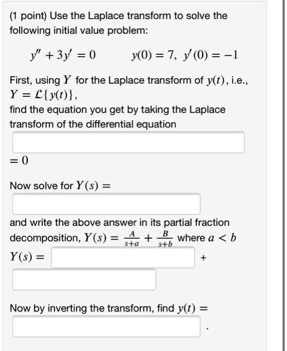 SOLVED:point) Use the Laplace transform to solve the following initial value problem: y' + 3y ...