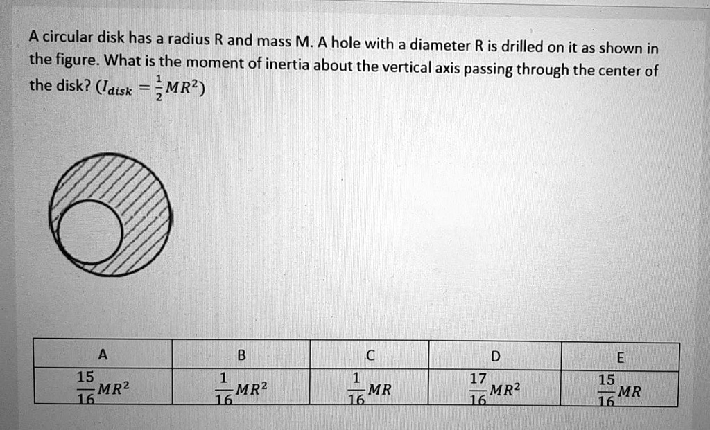 SOLVED: A circular disk has a radius R and mass M. A hole with a ...