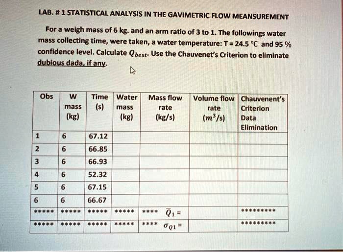 SOLVED: LAB #1 STATISTICAL ANALYSIS IN THE GRAVIMETRIC FLOW MEASUREMENT For a weight mass of 6 ...