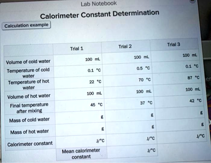 lab notebook calorimeter constant determination calculation example ...