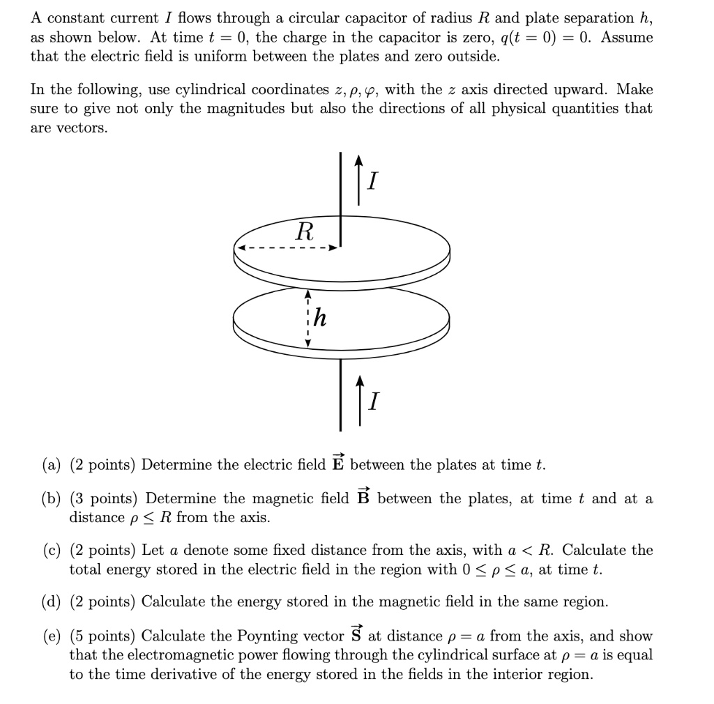 SOLVED: A constant current flows through circular capacitor of radius R ...