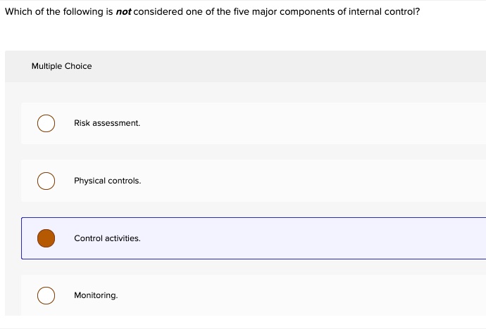 SOLVED: Which of the following is not considered one of the five major components of internal ...