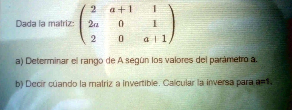 SOLVED: Ha +1 D3 mH N a +1 Dada la matriz: a) Determinar el rango de A ...