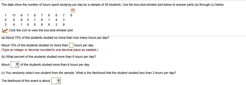 the data show the number of hours spent studying per day by sample of 28 students use the box ...