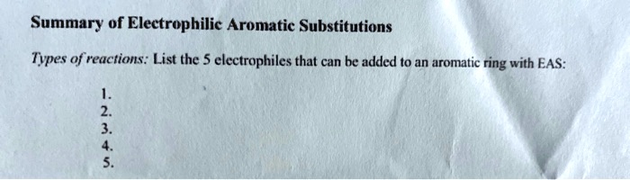 SOLVED: Summary of Electrophilic Aromatic Substitutions Types of ...