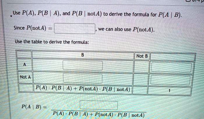 SOLVED:Use P(A), P(B A), and P(B notA) to derive the formula for P(A B ...