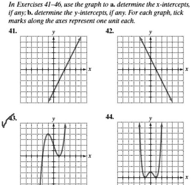 SOLVED: In Exercises 41-46, use the graph t0 a determine the X-intercepts if any; h determine ...